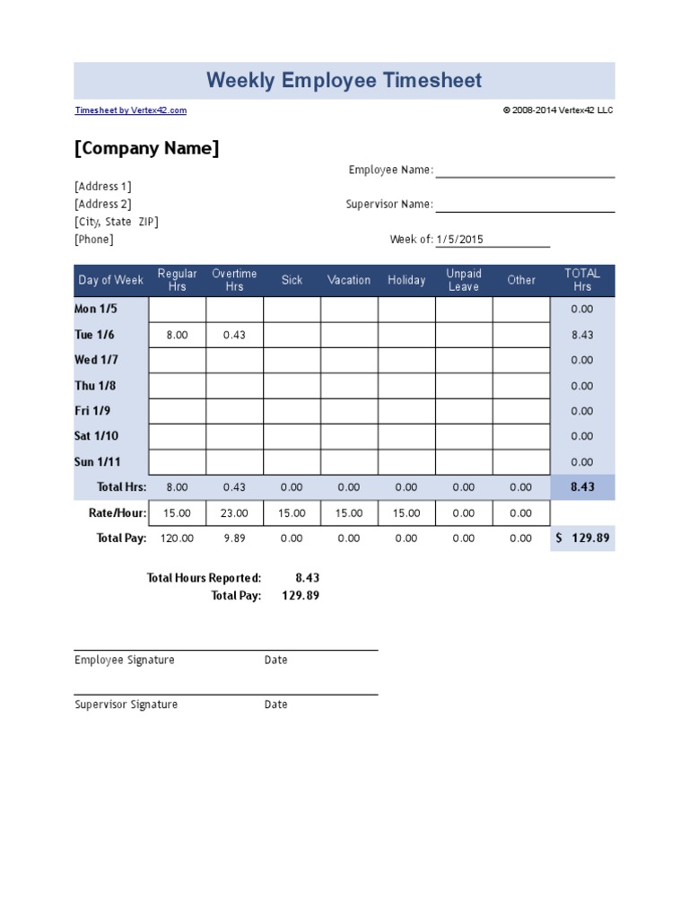 Weekly Employee Timesheet: (Company Name) | PDF | Overtime ...
