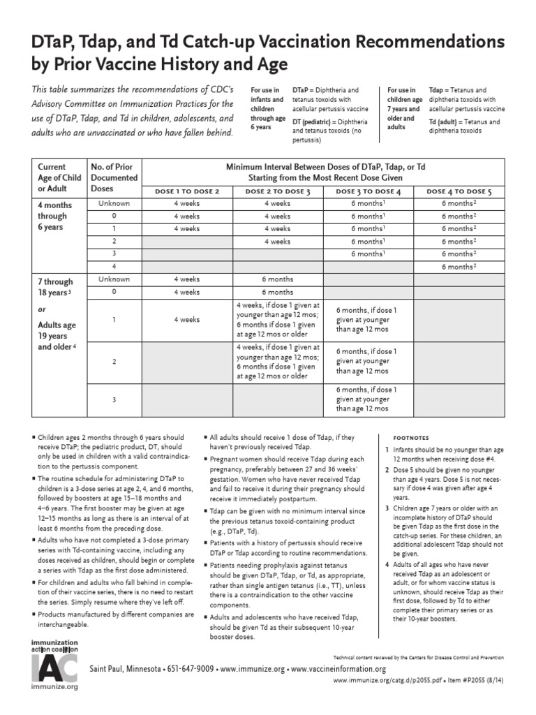 Dtap, Tdap, and TD Catch-Up Vaccination Recommendations by Prior ...