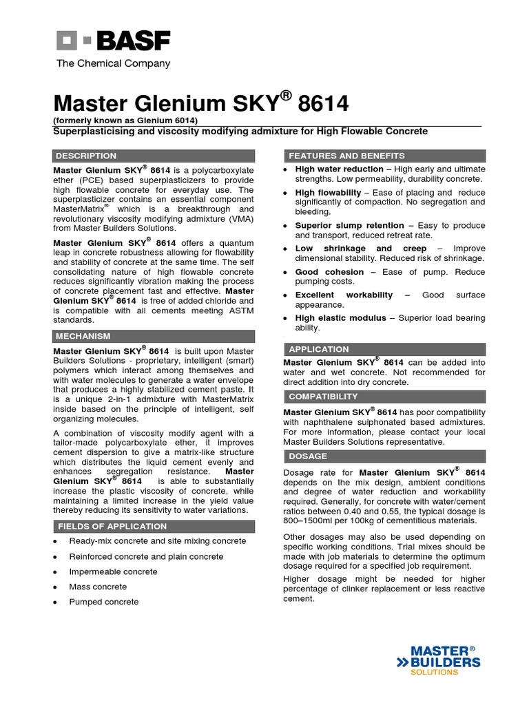 Basf MasterGlenium SKY 8614 Tds PDF | PDF | Concrete | Cement