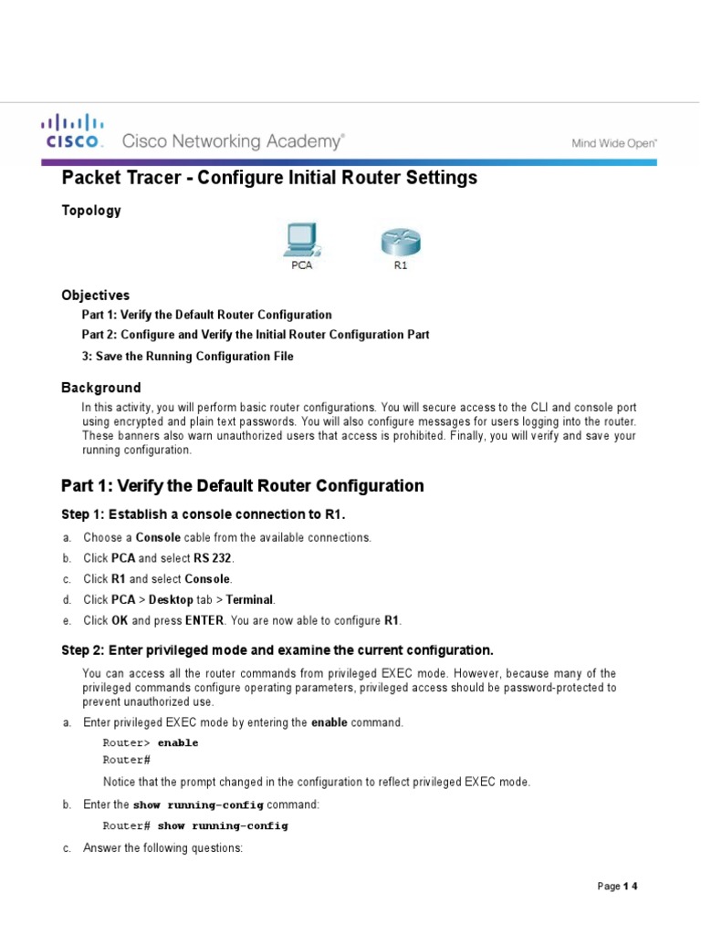 6.4.1.3 Packet Tracer - Configure Initial Router Settings | PDF | Command Line Interface ...