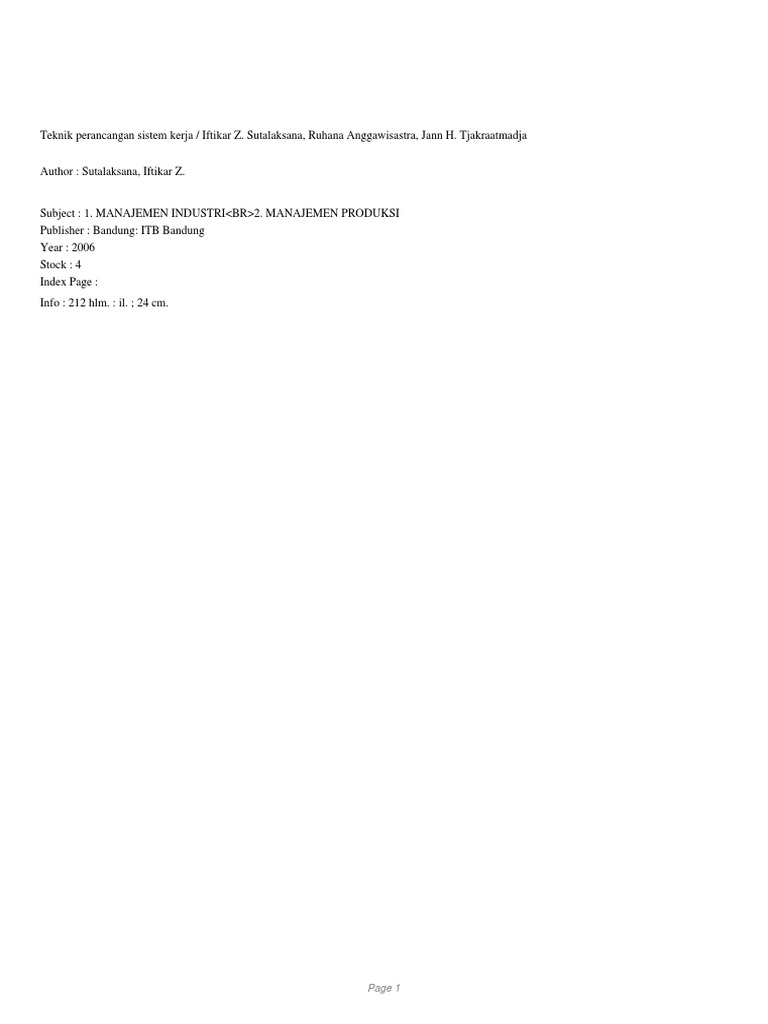 Teknik Perancangan Sistem Kerja Iftikar Z. Sutalaksana, Ruhana Anggawisastra, Jann H ...