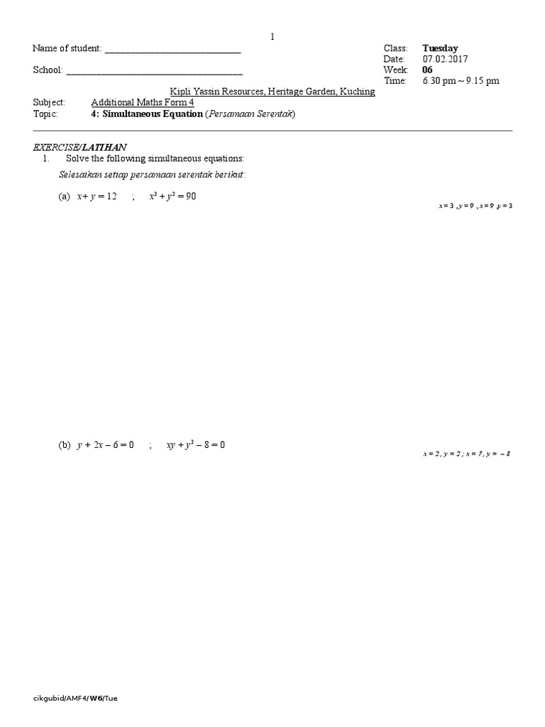 Form 4 Simultaneous Equations Exercises | PDF | Teaching Methods ...