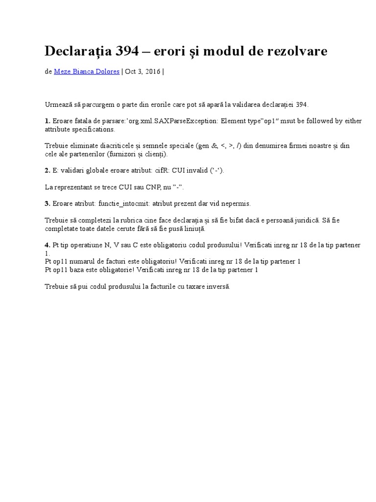 Declarația 394 - Erori Și Modul de Rezolvare | PDF
