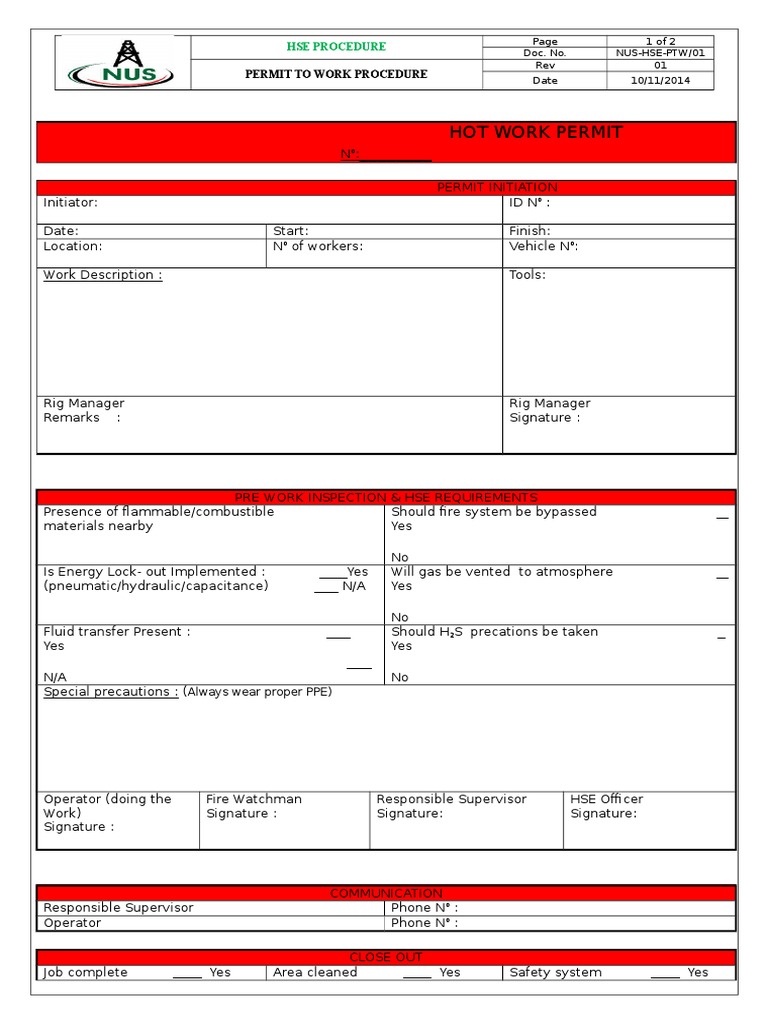 Hot Work PermitHSE-PTW | Download Free PDF | Mechanical Engineering ...