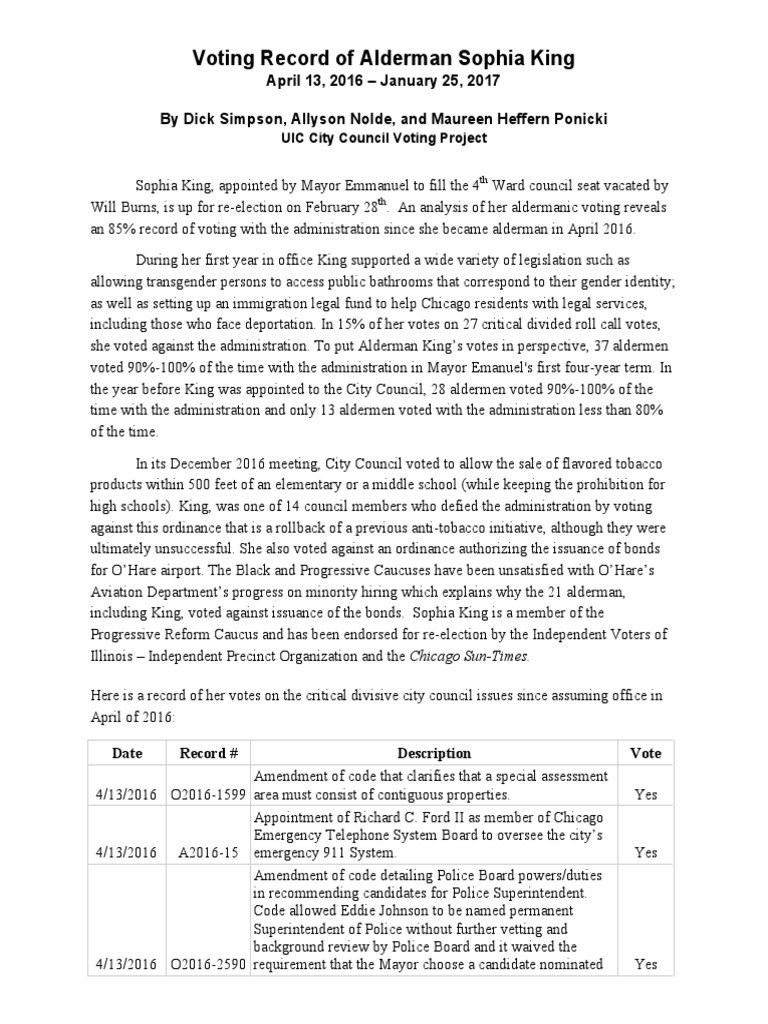Alderman King's Voting Analysis | PDF | Chicago | Government