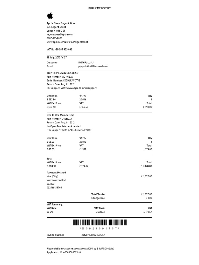 Apple Store Purchase Receipt | PDF | Finance & Money Management
