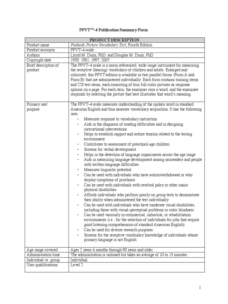 Peabody Picture Vocabulary Test Fourth Edition PDF | PDF