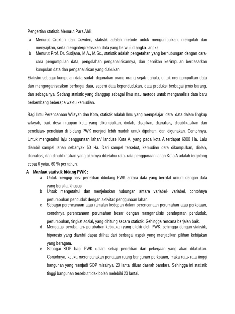 Resume 1 - Manfaat Statistik Bagi PWK | PDF