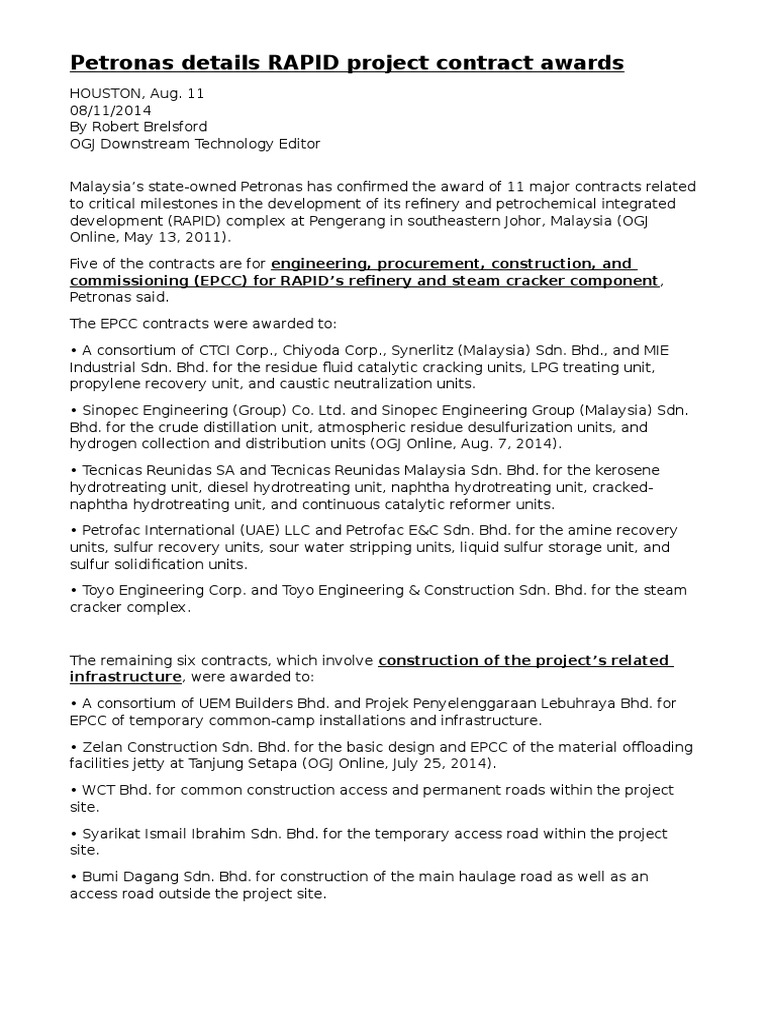Petronas Details RAPID Project Contract Awards | PDF | Chemical Process ...