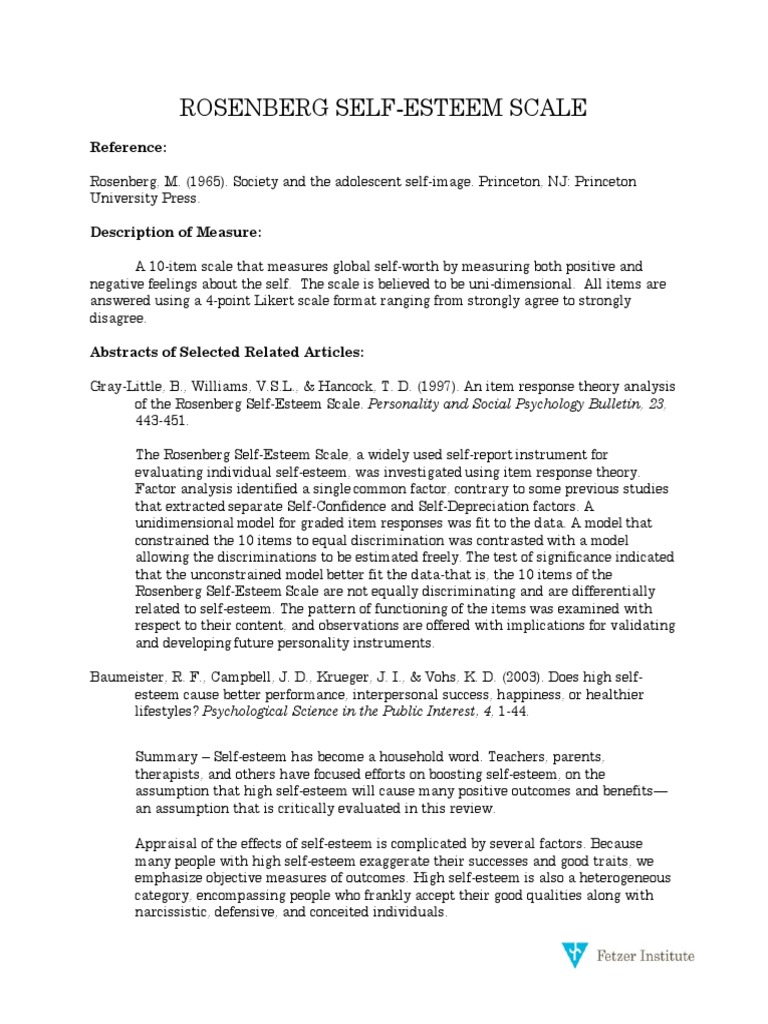 Rosenberg Self-Esteem Scale Overview | PDF | Optimism | Self Esteem