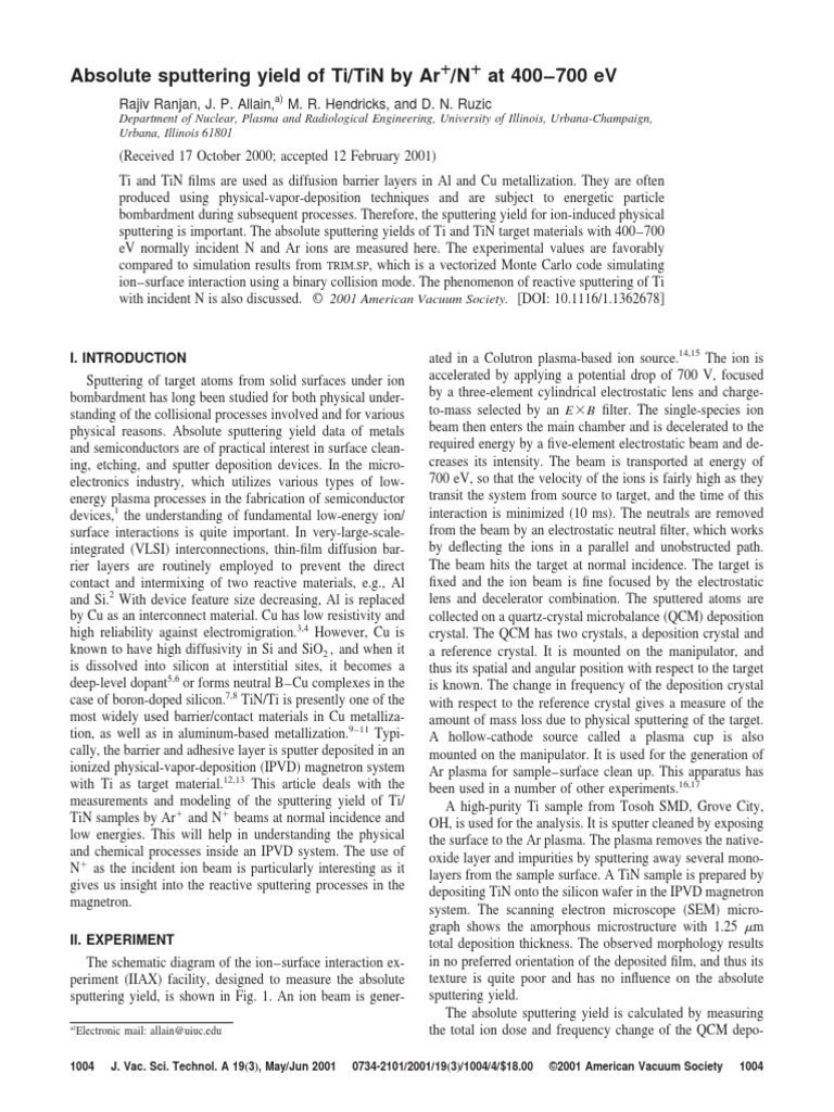 Absolute Sputtering Yield of TiOTiN by ArONat 400 700 EV | PDF ...