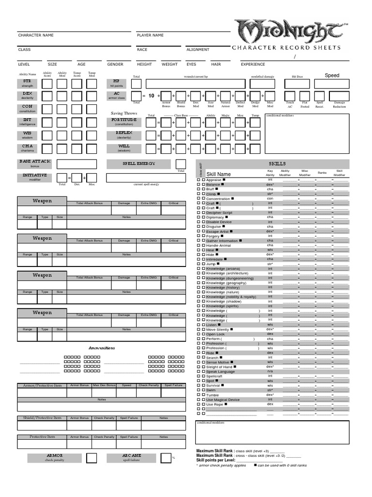 Midnight - Character Sheet | PDF | Leisure
