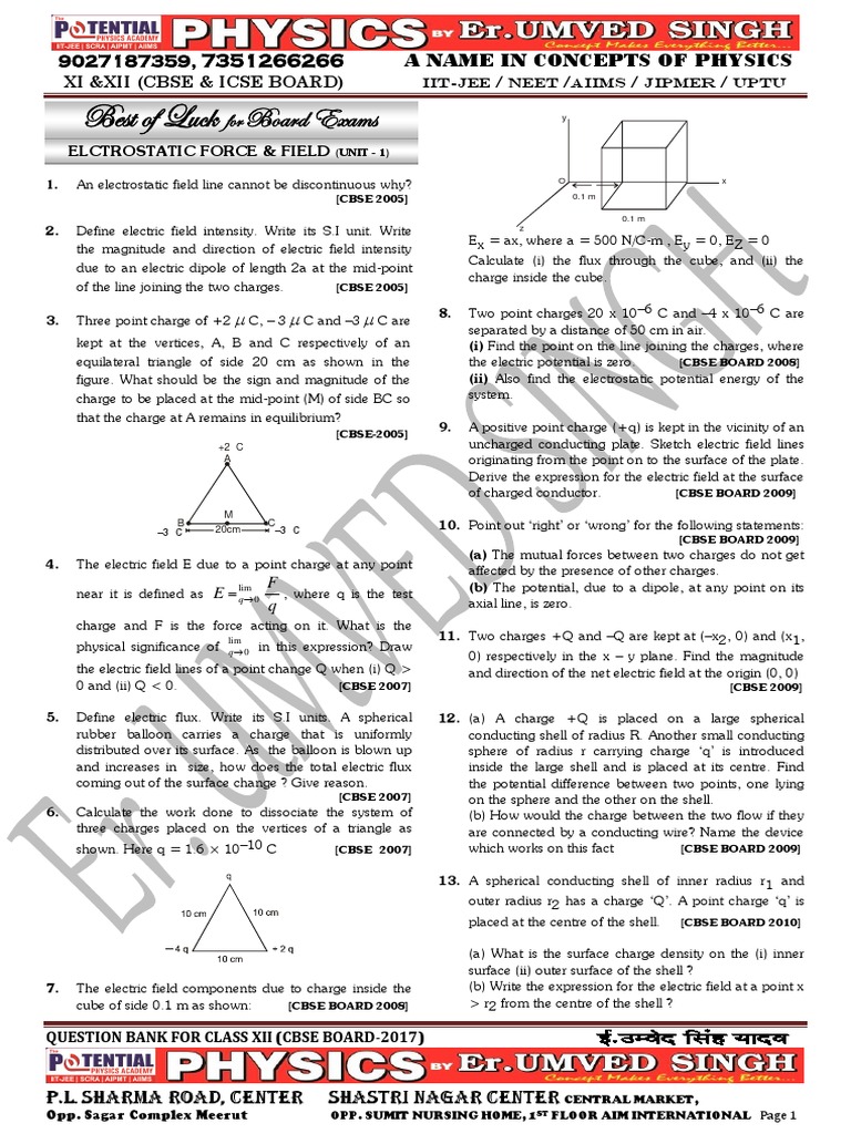 Physics Question Bank 2017 Xii C.B.S.E. Board Students | PDF