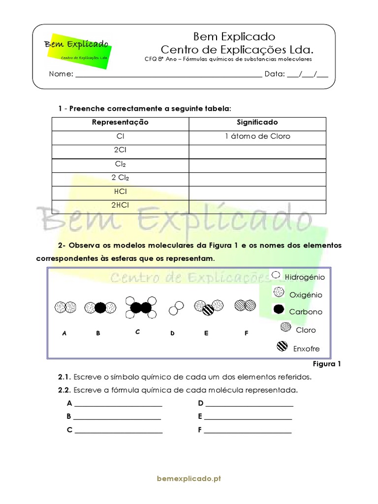 C 1.4 Fórmulas Químicos de Substâncias Moleculares Ficha de Trabalho 1 ...