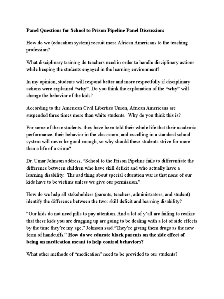 Panel Questions For School To Prison Pipeline Panel Discussion | PDF ...