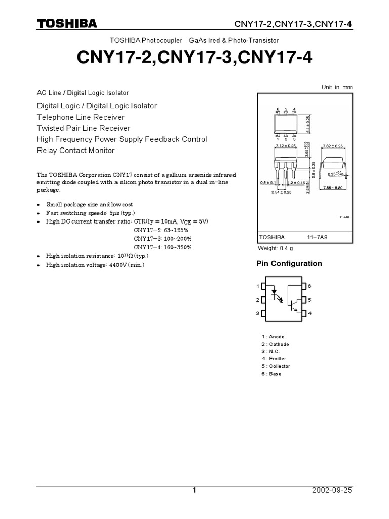Toshiba CNY17 Photocoupler Specs | PDF | Gallium Arsenide | Reliability ...