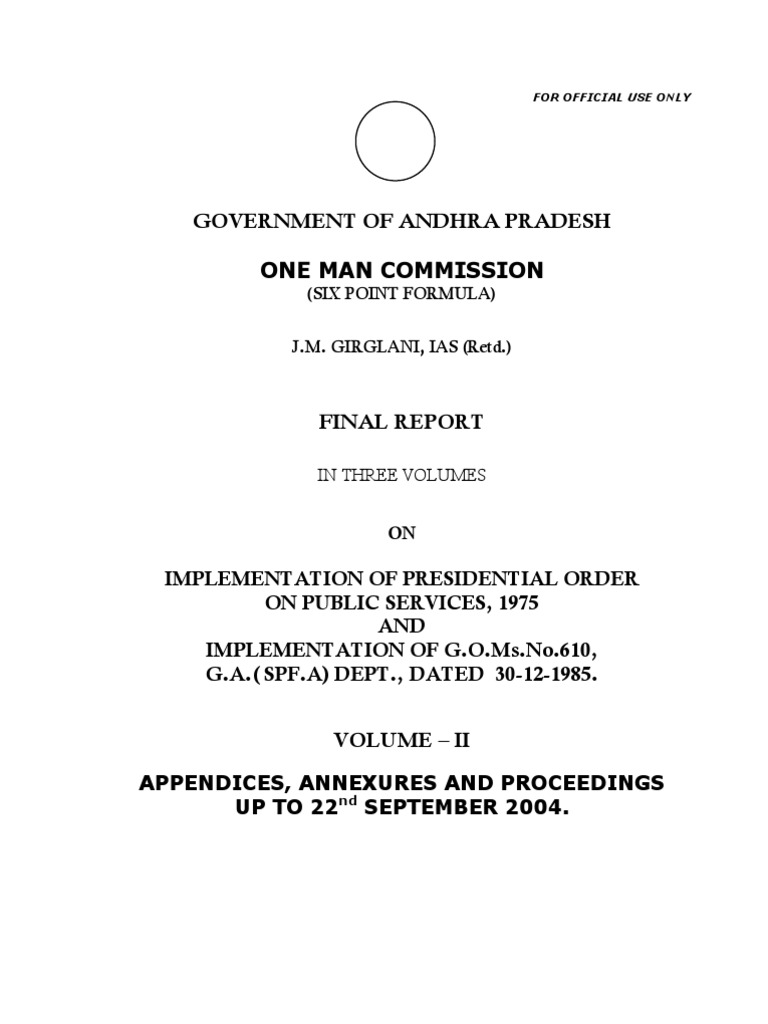 ONE MAN COMMISSION-SIX POINT FORMULA-ANDHRA PRADESH-HEADED BY Mr. J.M ...