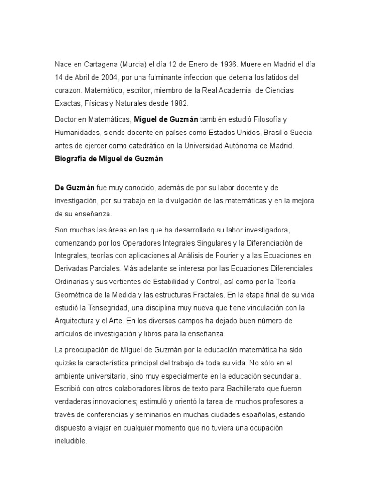 Biografia Miguel de Guzman | PDF | Integral | Enseñanza de matemática