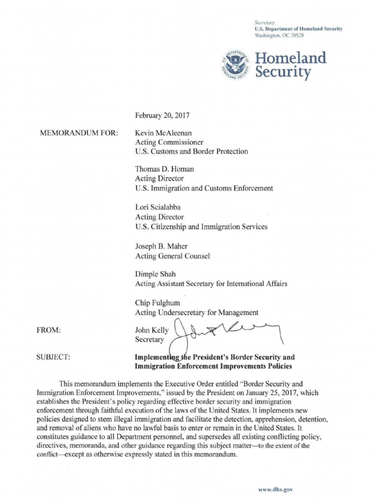 DHS Memo: Implementing the Presidents Border Security Immigration ...