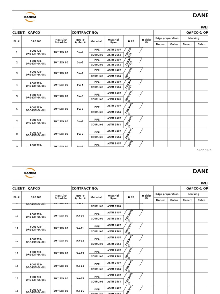 Weld History Sheet A103 | Download Free PDF | Pipe (Fluid Conveyance ...