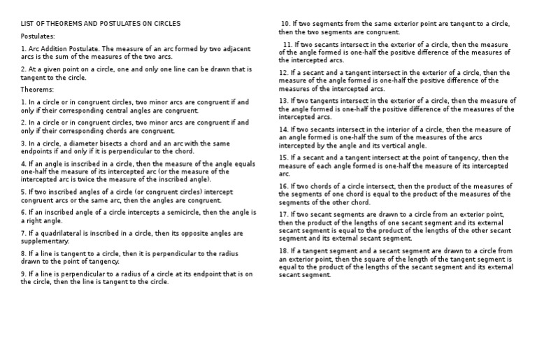 Circle Theorems and Postulates List | PDF | Circle | Perpendicular