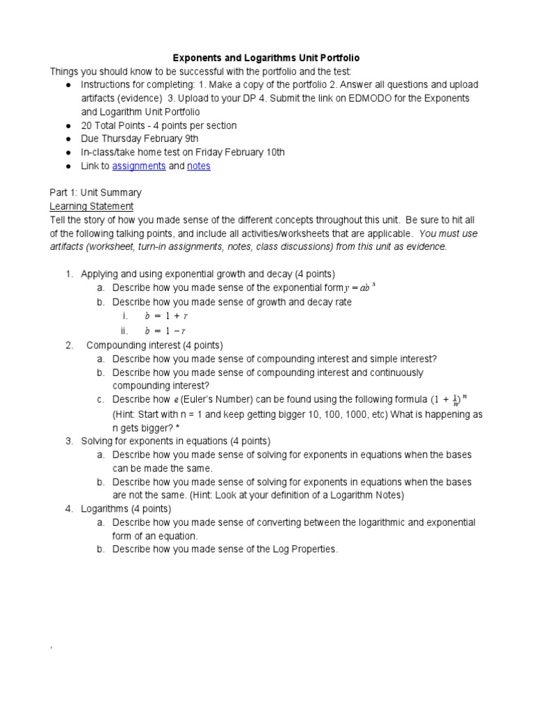 Assignments Notes: Exponents and Logarithms Unit Portfolio | PDF ...