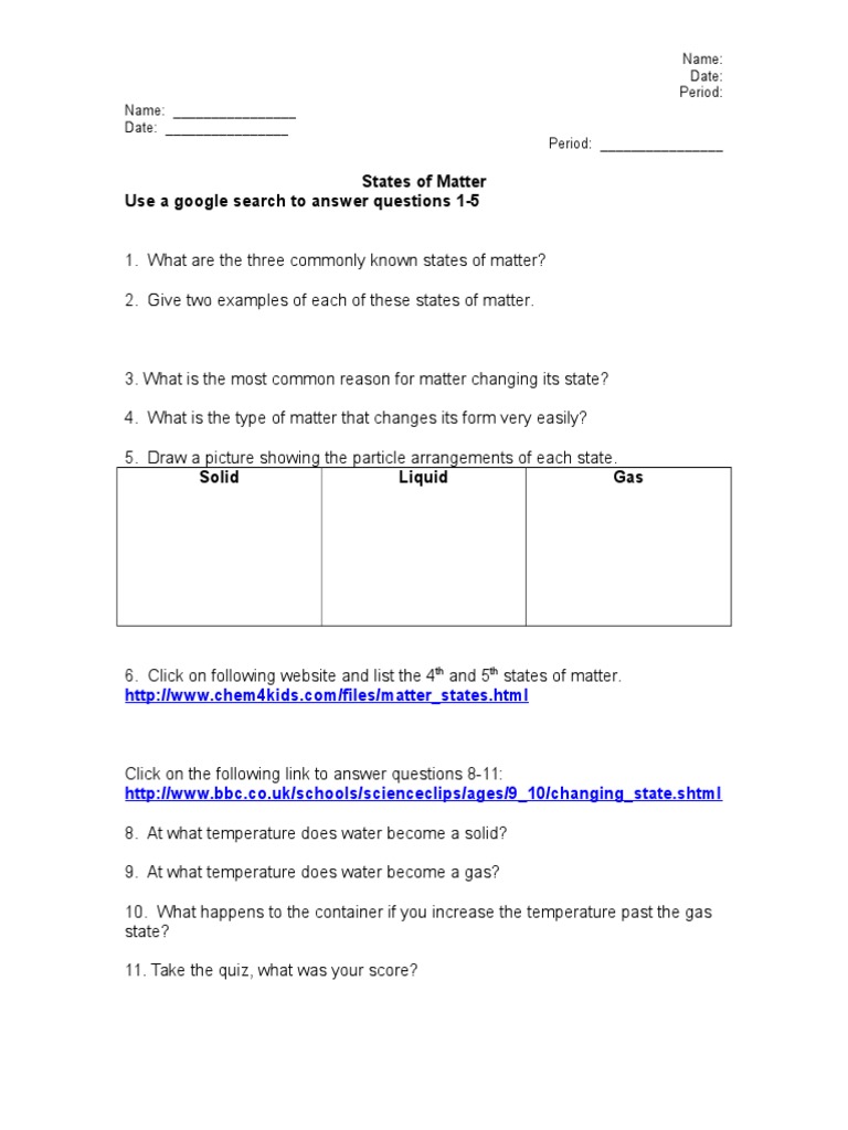 States of Matter Worksheet - Webquest | PDF | Gases | Matter