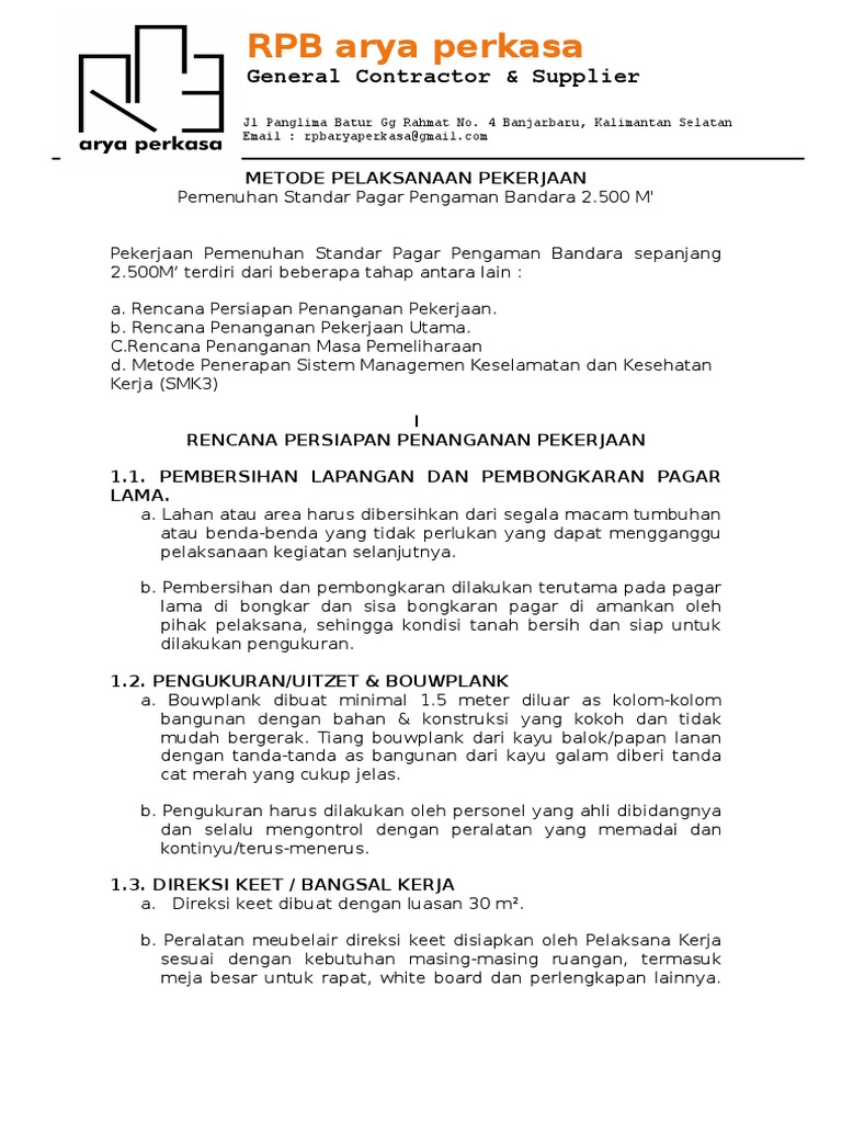 METODE PELAKSANAAN PEKERJAAN Pagar | PDF | Teknologi & Rekayasa