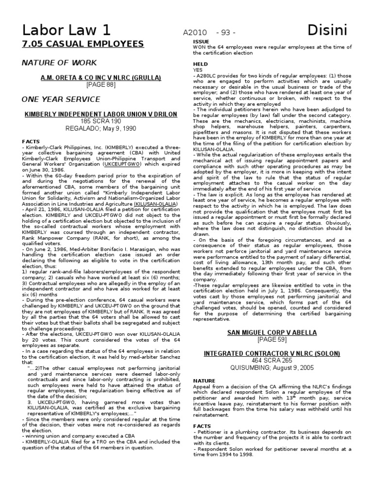 Labor Law 1 Disini: 7.05 Casual Employees | PDF | United States Labor ...