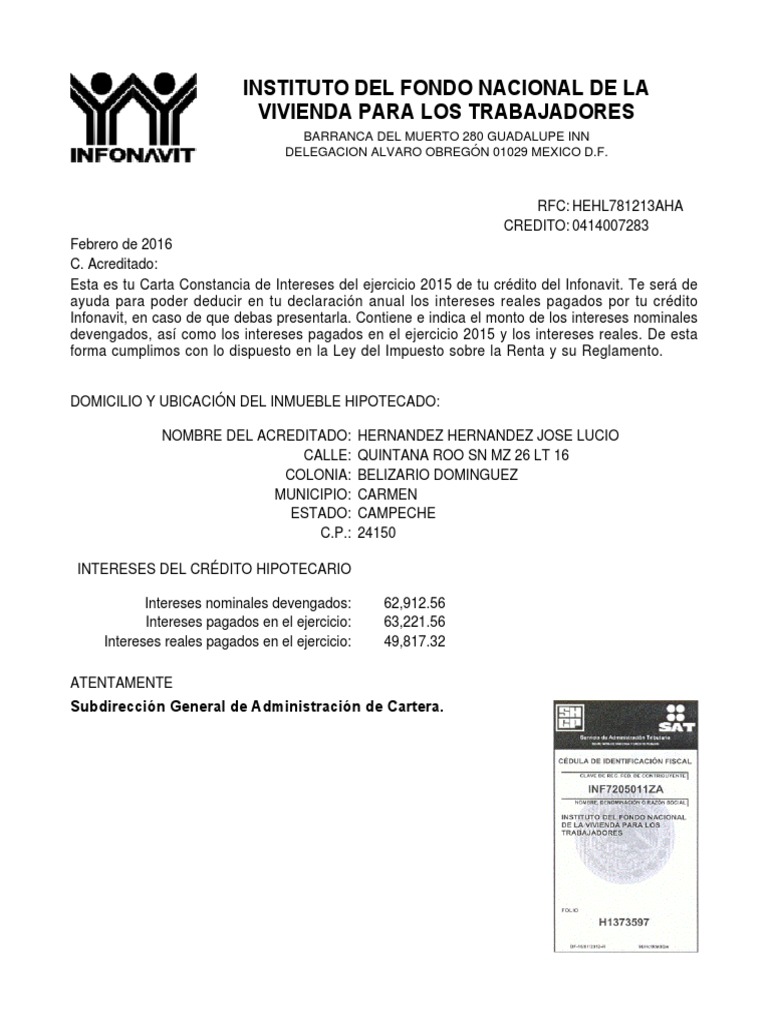 Carta Constancia de Intereses Infonavit 2015 | PDF | Finanzas y dinero ...