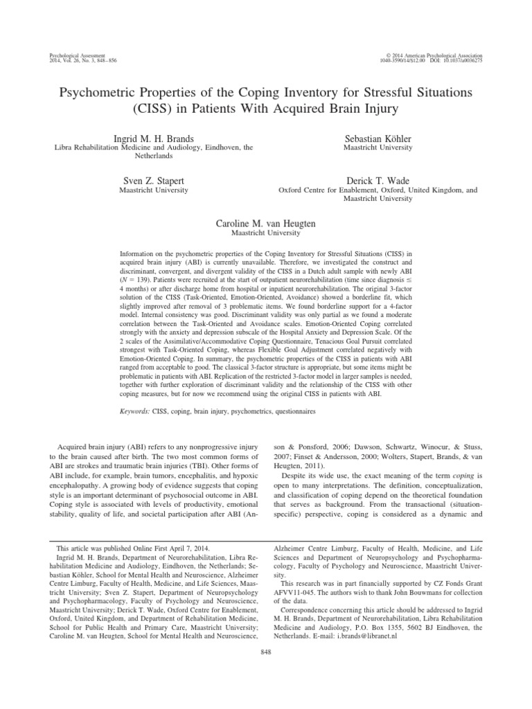 Psychometric Properties of The Coping Inventory For Stressful Situations (CISS) in Patients With ...
