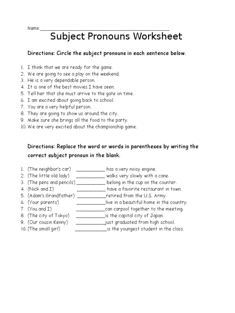 Module 2 Subject Pronoun Worksheet Student Version | PDF