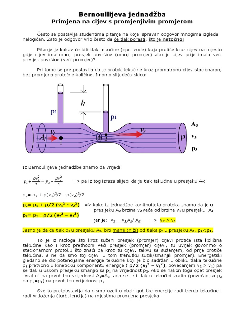 Bernoullijeva Jednadžba-Različiti Presjeci Cijevi | PDF
