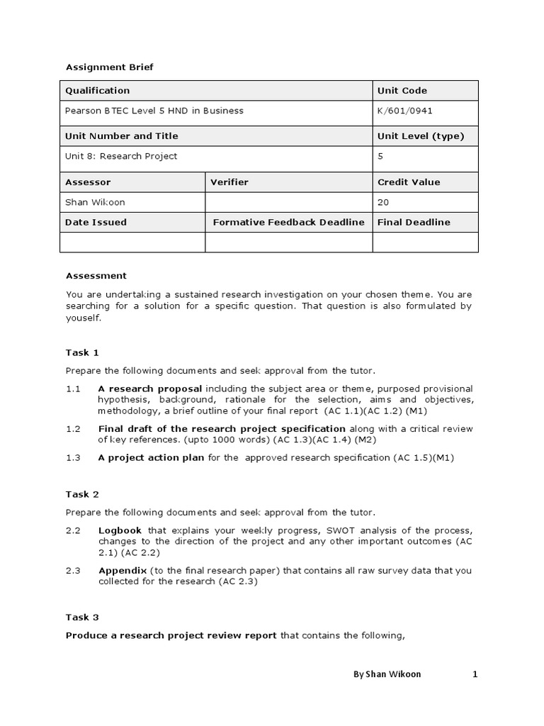 Assignment Brief For HND in Business Unit 8 Research Project | PDF ...