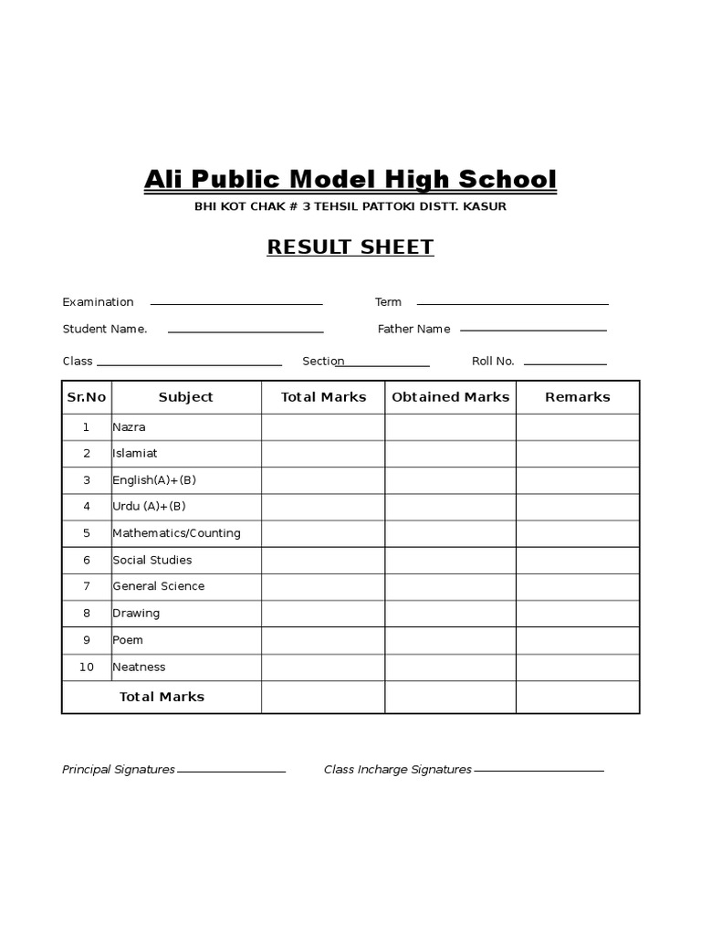 Ali Public Model High School: Result Sheet | PDF