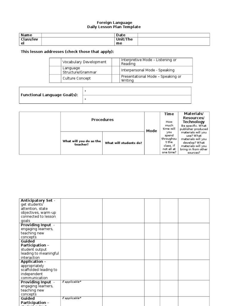 Foreign Language Daily Lesson Plan Template | PDF | Educational ...