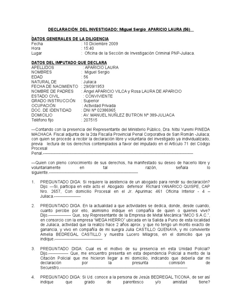 Declaración Del Imputado Ncpp Pdf Información Del Gobierno Justicia
