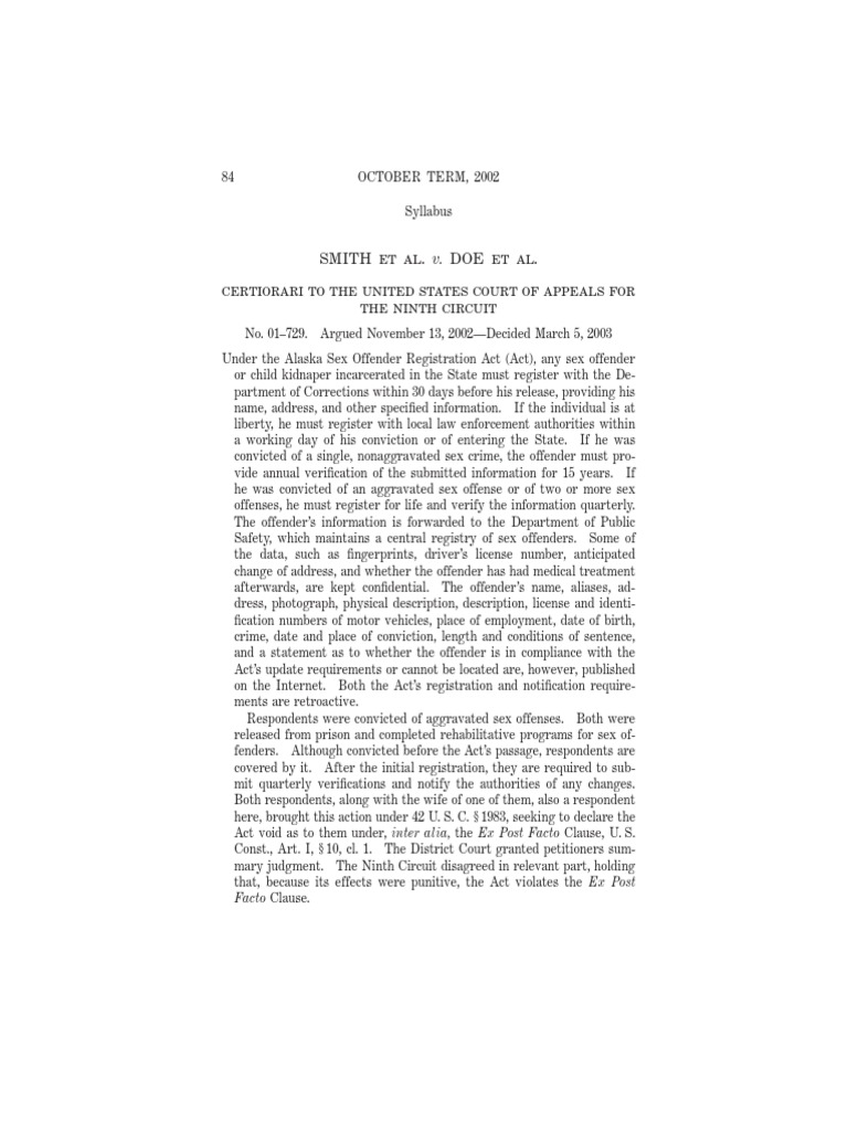 Smith V Doe | PDF | Ex Post Facto Law | Sex Offender