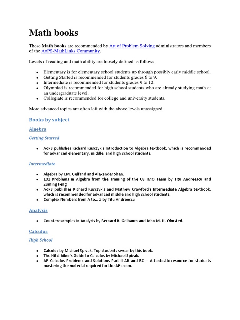 Recommended AoPS Math Books List | PDF | Combinatorics | Geometry