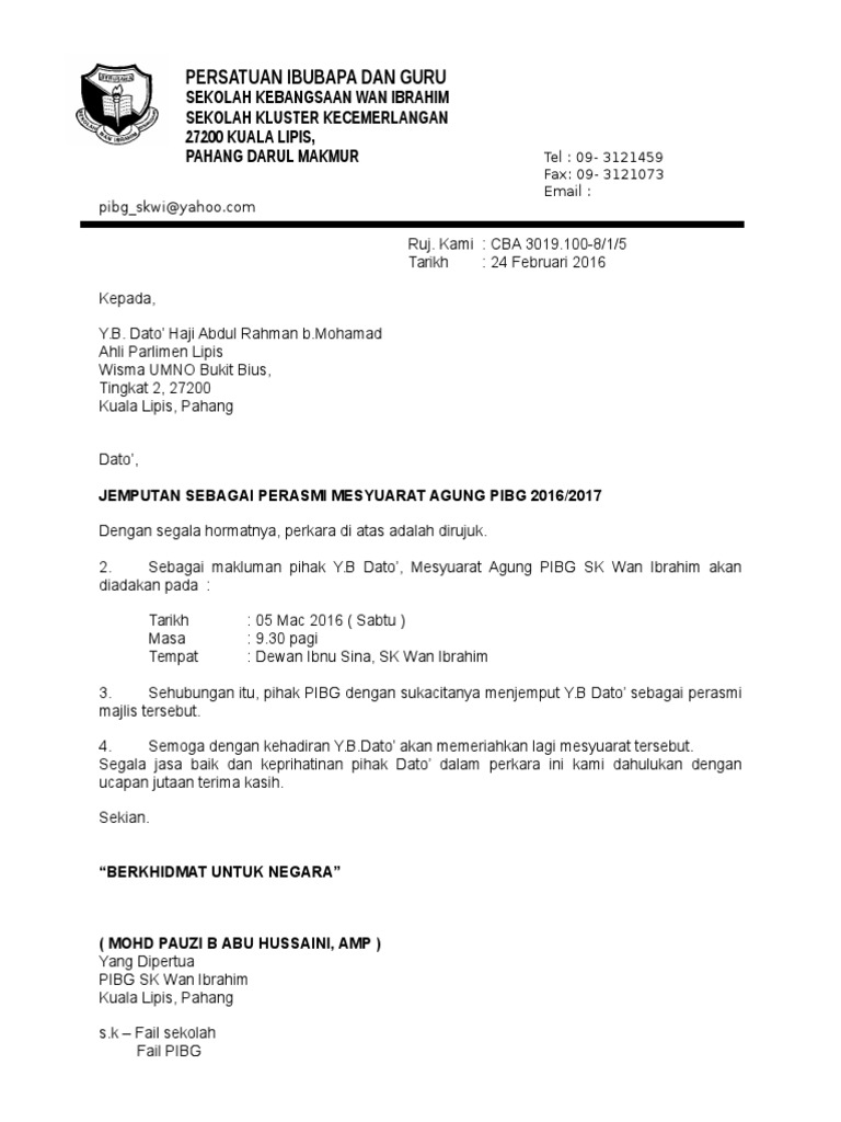 Surat Jemput Perasmi PIBG | PDF
