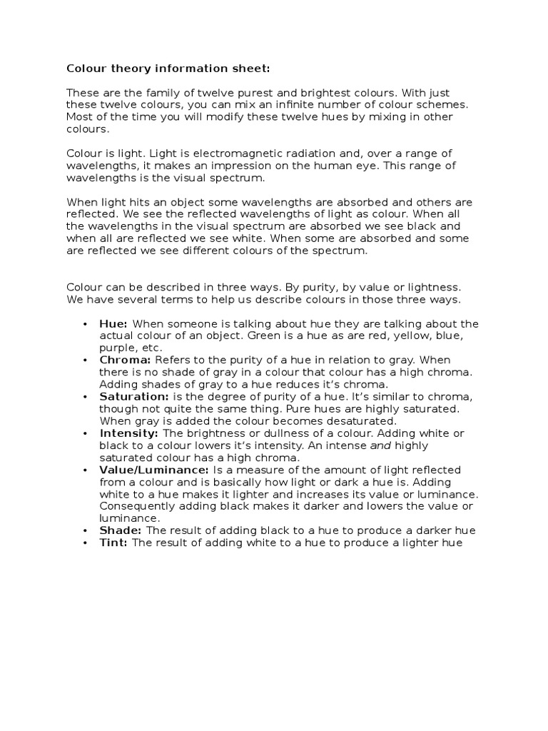 Colour Theory Information Sheet | PDF | Color | Hue