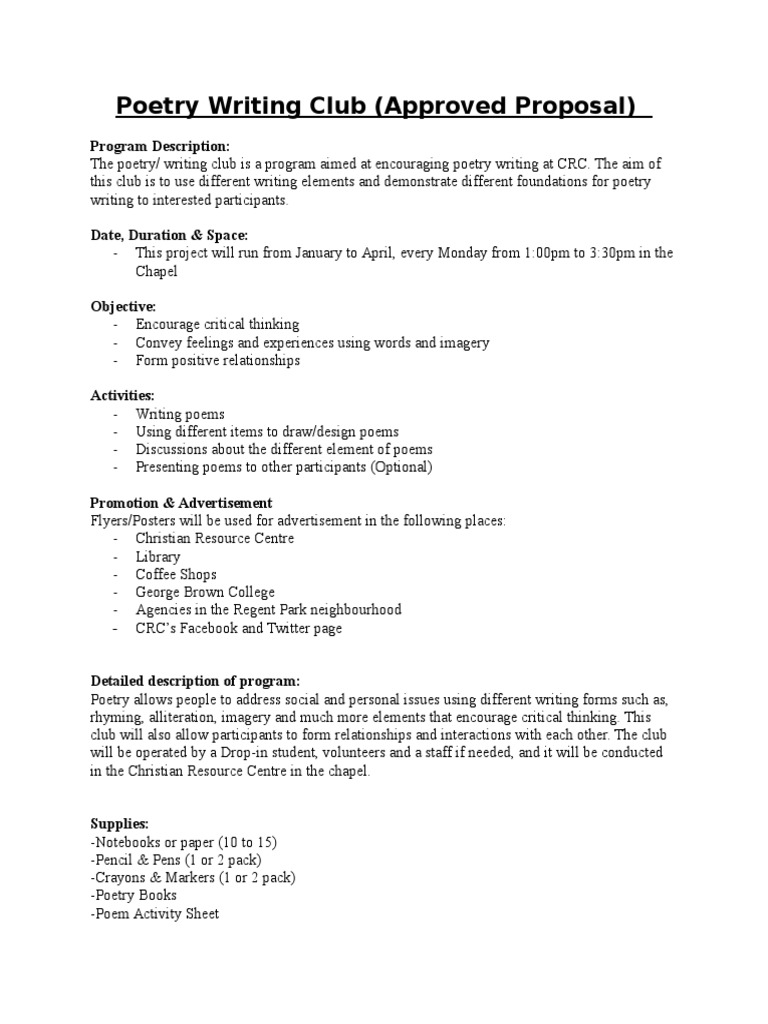 Poetry Writing Club (Approved Proposal) : Program Description | PDF