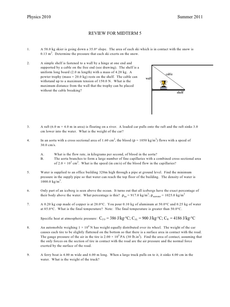 Review for Midterm 5 in Physics 2010: Practice Problems Covering Forces, Pressure, Energy ...