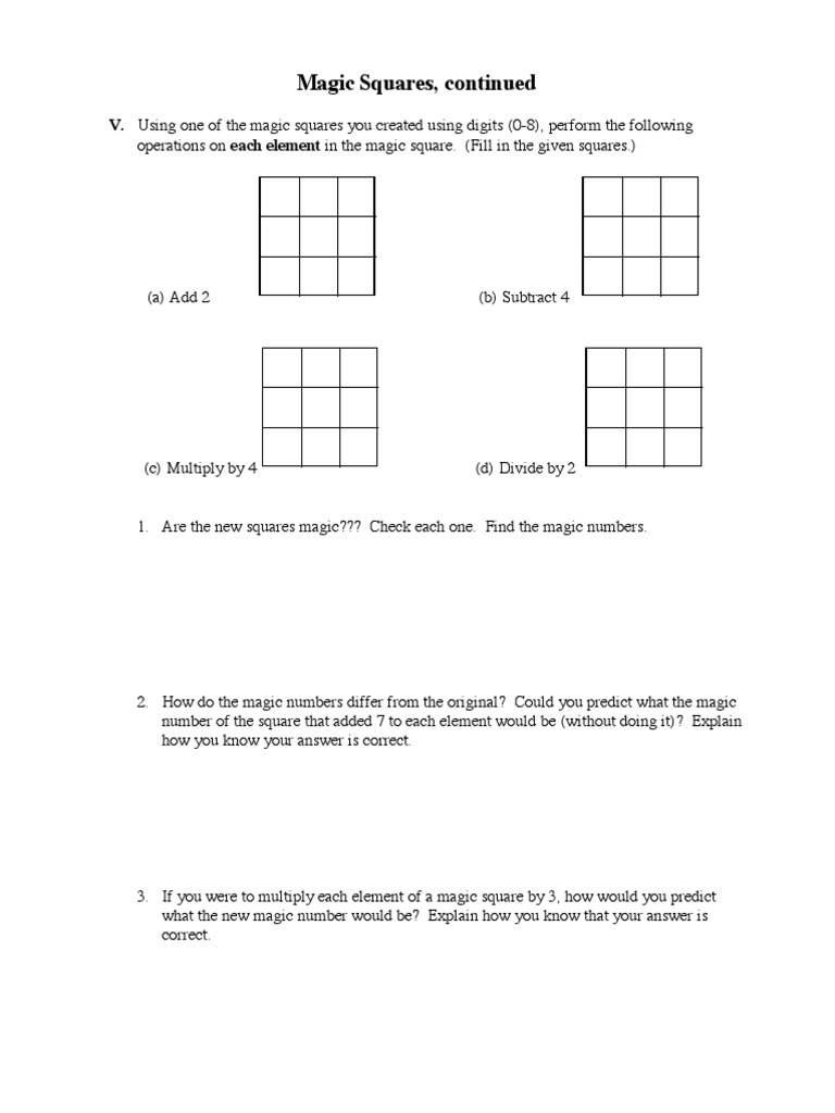 Magic Squares, Continued: V. Using One of The Magic Squares You Created ...