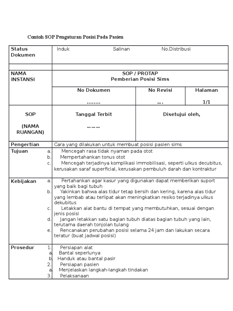 Contoh SOP Pengaturan Posisi Pada Pasien | PDF