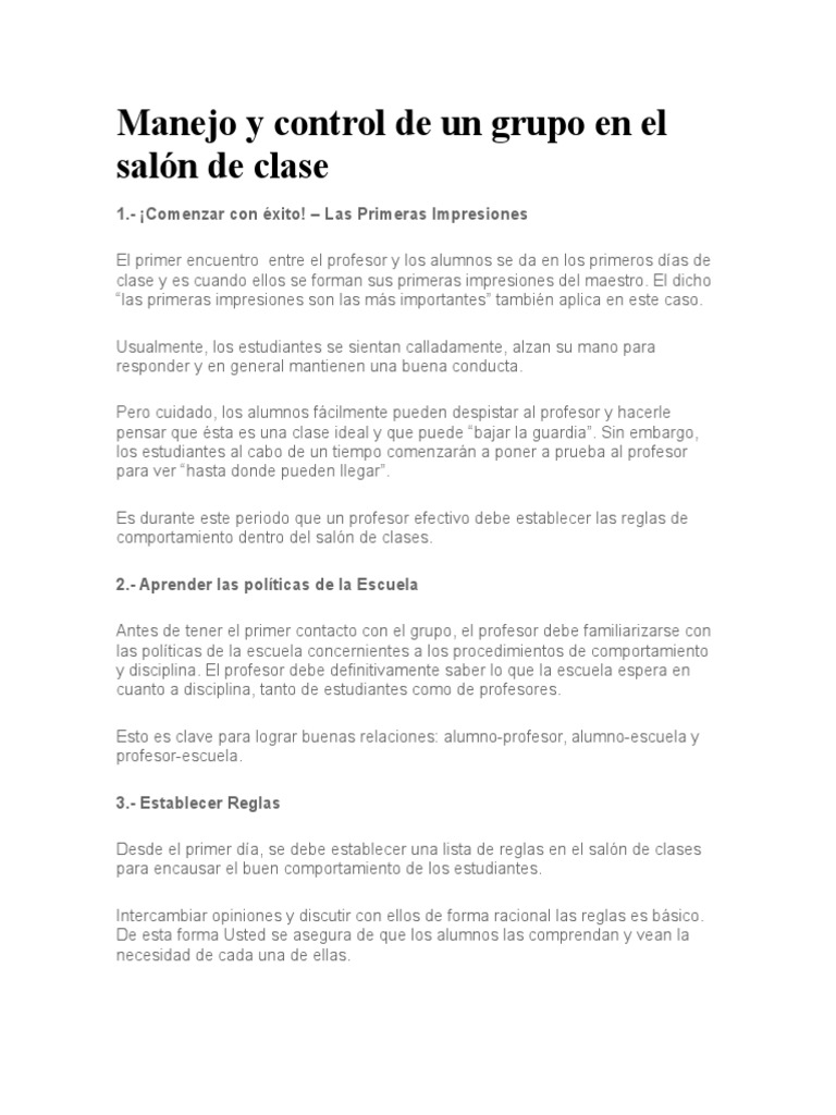 Manejo y Control de Un Grupo en El Salón de Clase | PDF | Disciplinas ...