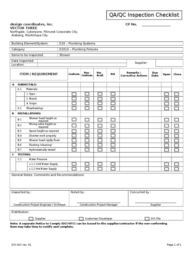 QA/QC Inspection Checklist: Design Coordinates, Inc. CP No. - Vector ...