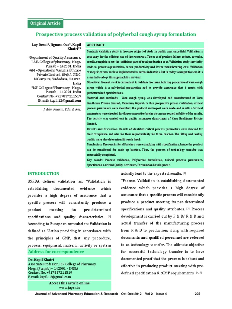 Process Validation Of Polyherbal Cough Syrup Formulation Pdf