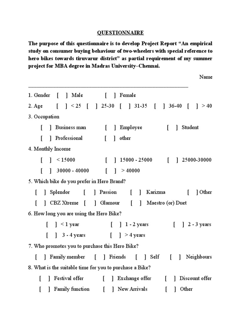 Questionnaire Format For Consumer Behaviour