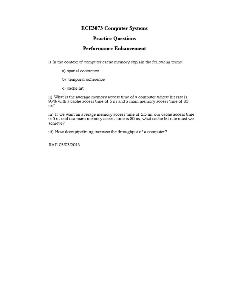 ECE3073 Computer Systems Practice Questions Performance Enhancement | PDF